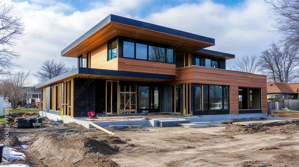 contemporary home construction partially framed wooden structure of ...