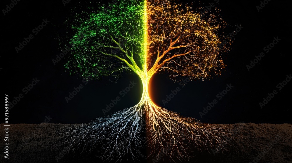 Two trees with their roots intertwined, one tree glowing brighter as it ...