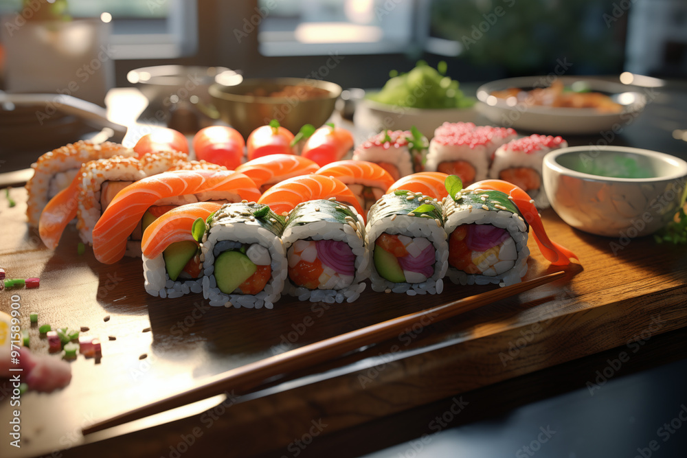 Sushi presentation on a table. Sushi themes. Asian cuisine themes ...