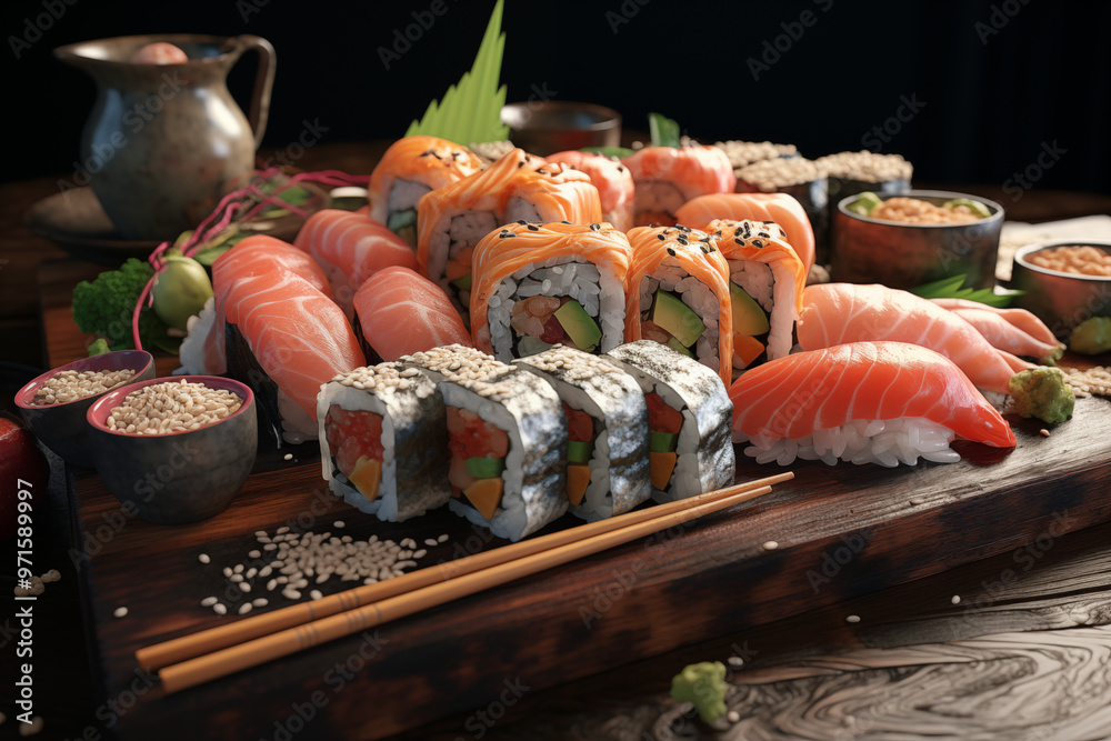 Sushi presentation on a table. Sushi themes. Asian cuisine themes ...