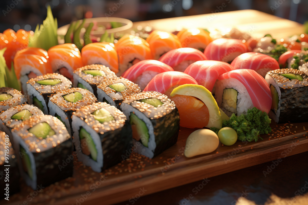 Sushi presentation on a table. Sushi themes. Asian cuisine themes ...