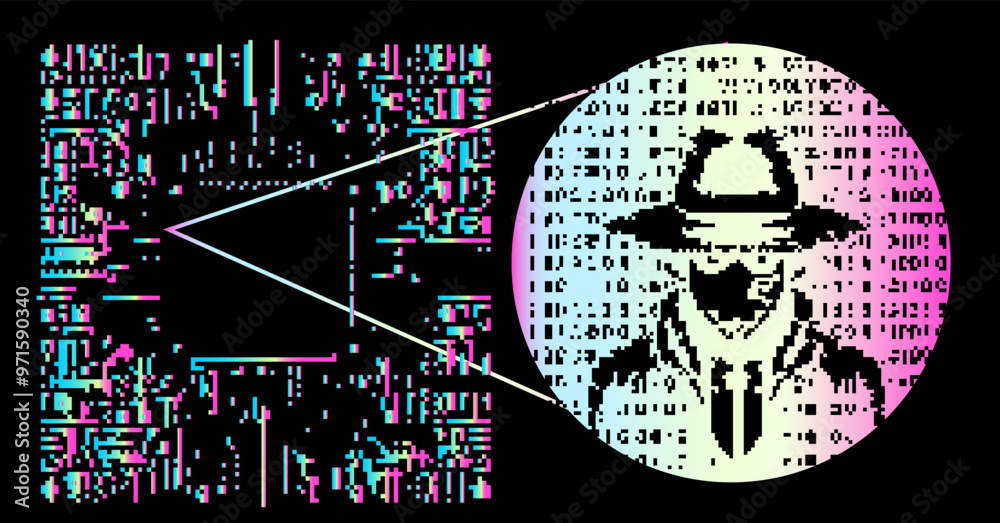 Abstract cybersecurity-themed collage with pixelated figure of a hacker ...