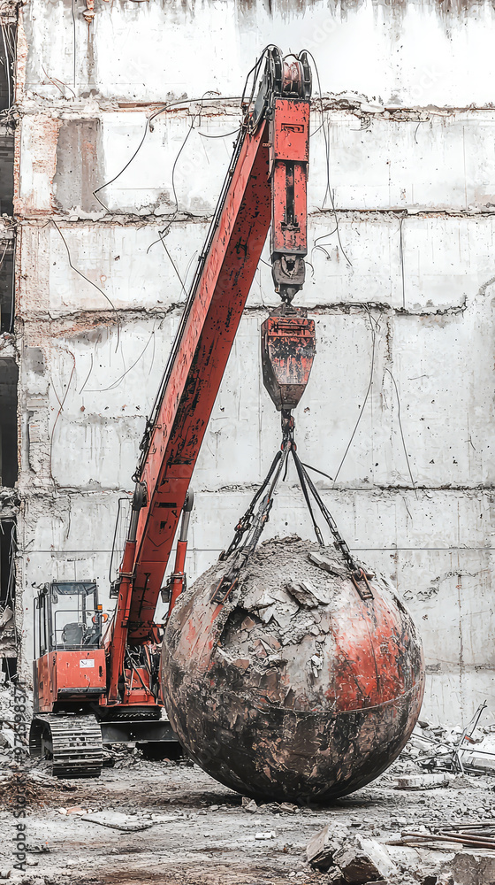 Demolition crane with giant wrecking ball in action at construction ...