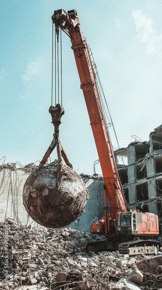 Demolition crane with giant wrecking ball in action, showcasing ...