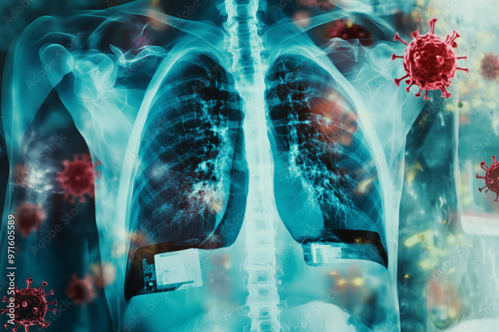 Doctors examining a detailed human chest X-ray with visual ...