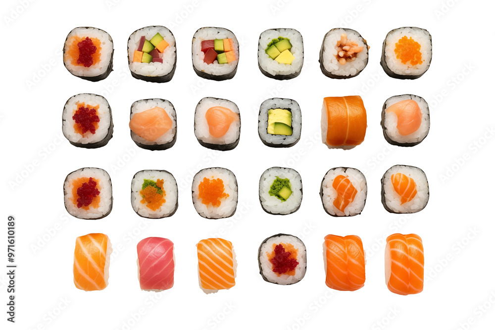 Sushi top view on transparent background. Sushi themes. Top view. Asian ...