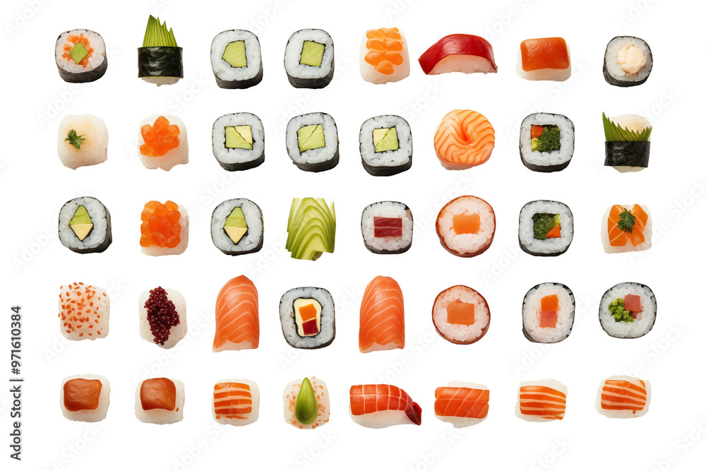 Sushi top view on transparent background. Sushi themes. Top view. Asian ...