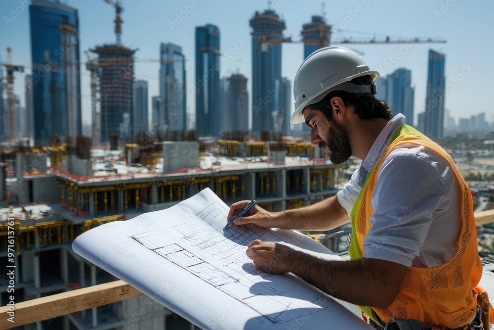 An architect reviewing blueprints on a construction site, wearing a ...