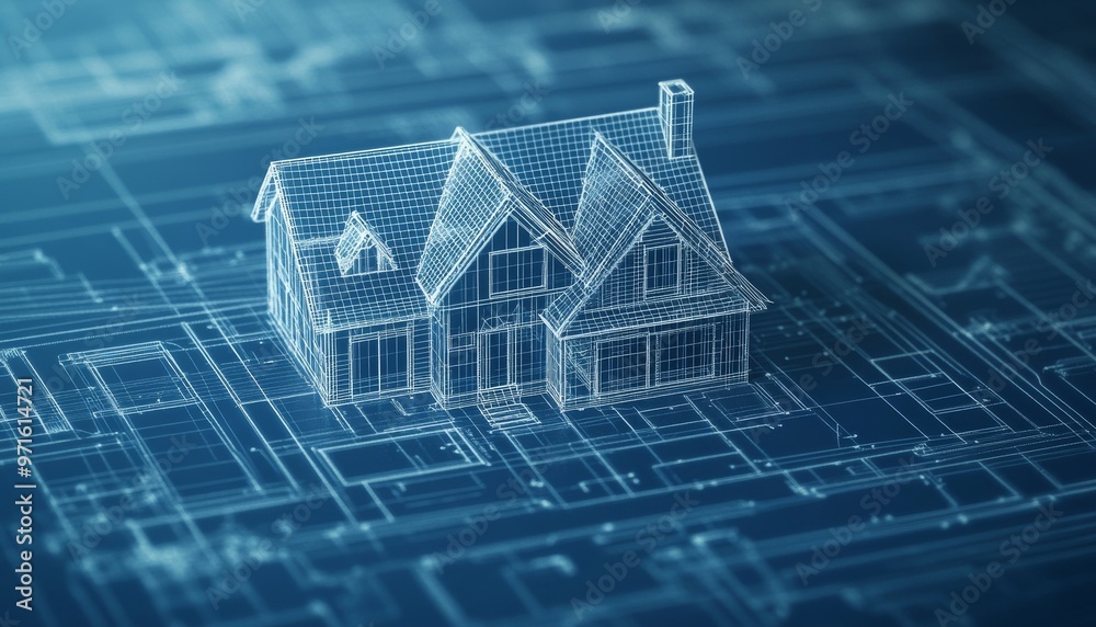 3D Architectural Model of a House on Blueprints Showcasing Modern ...