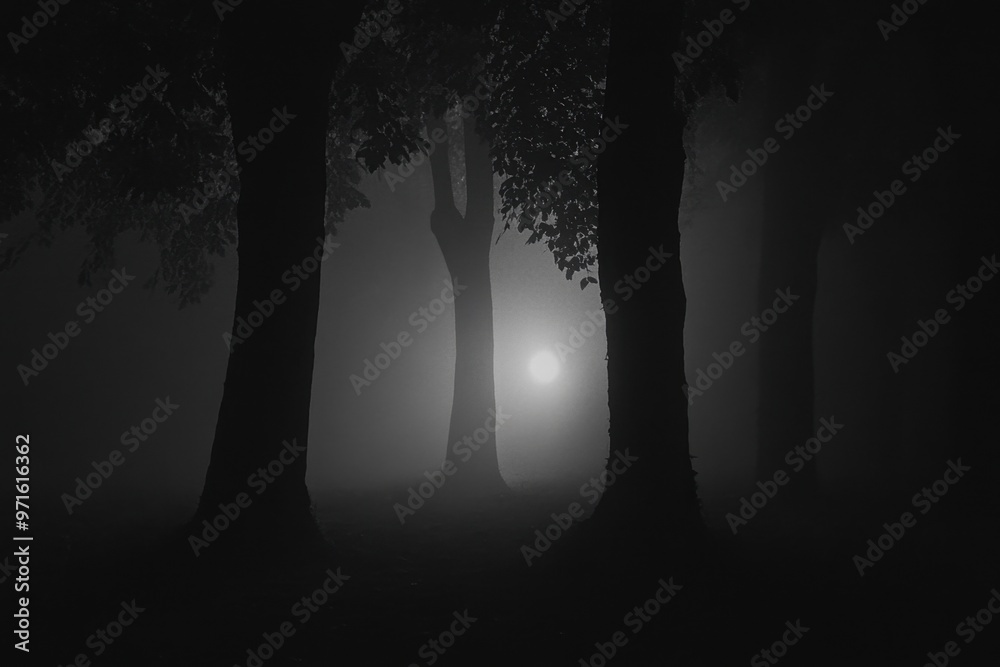 A dark forest at night, with trees casting eerie shadows and fog ...