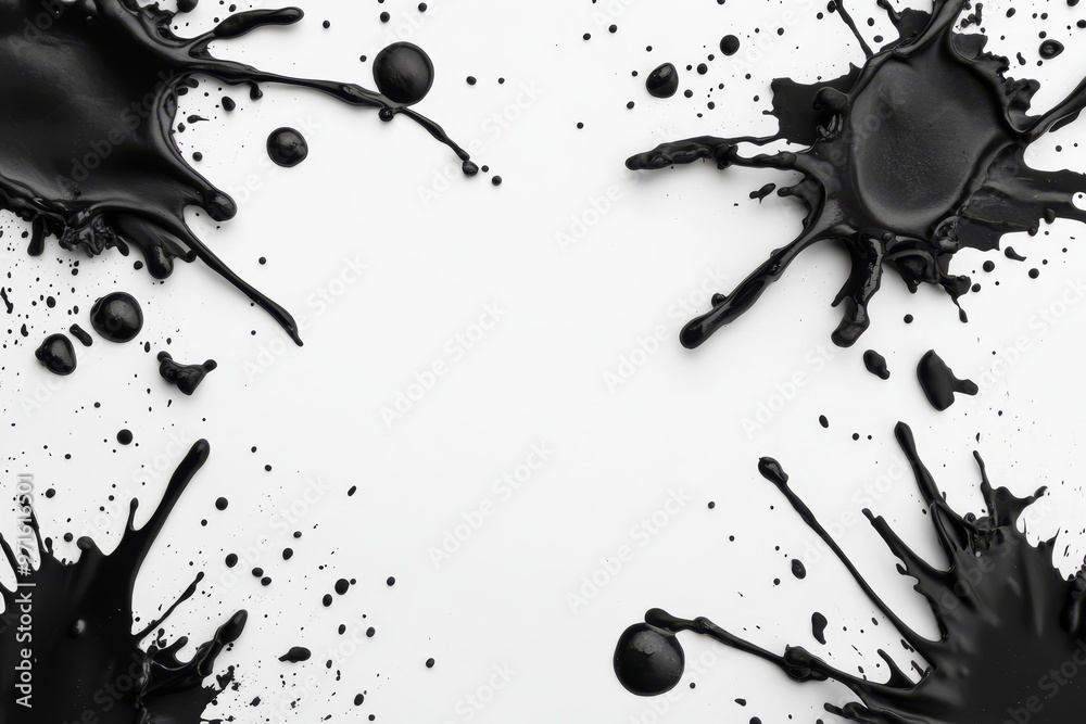 Abstract black paint splatters create a frame around a white background ...