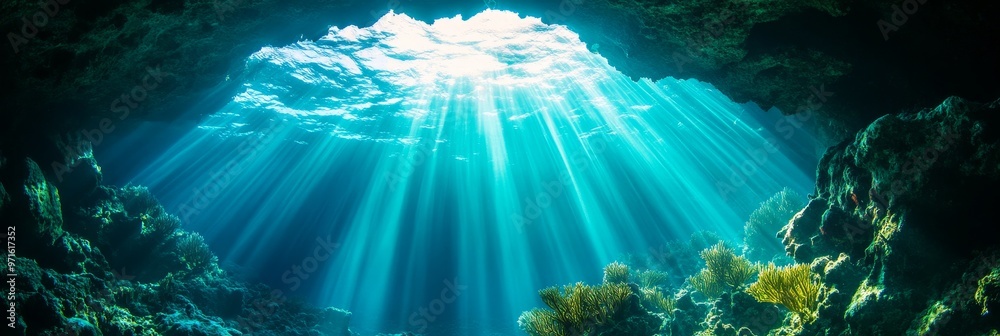 An underwater photograph of the Great Blue Hole, a massive sinkhole off ...