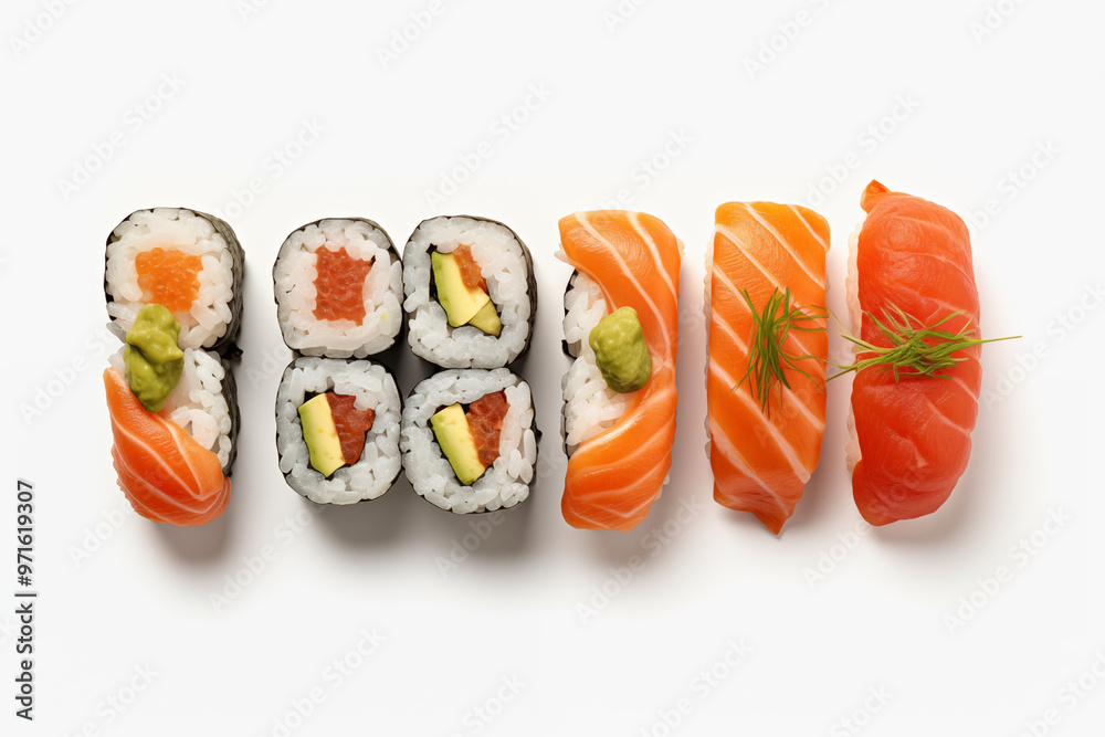 Sushi top view on white background. Sushi themes. Top view. Asian ...