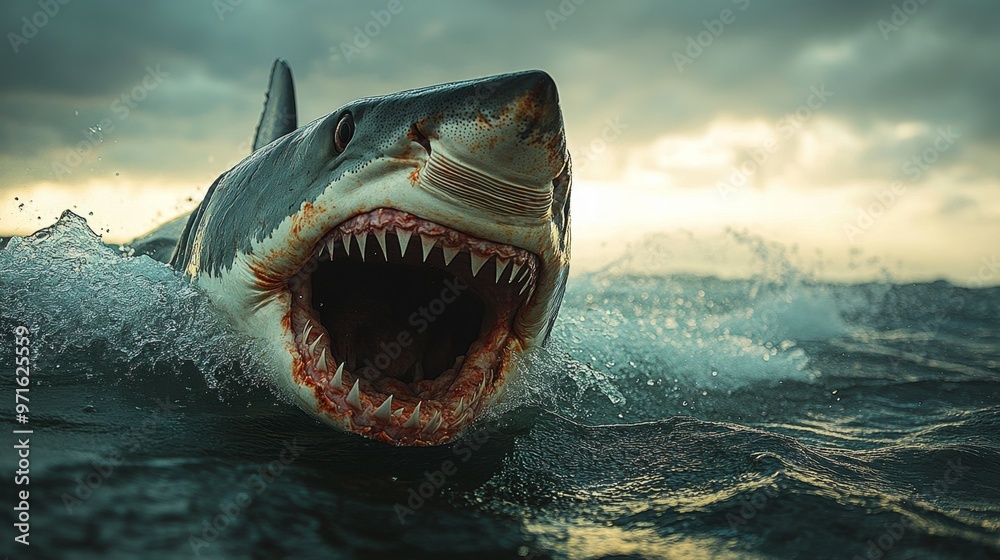 Jaws. A large, ferocious shark emerges powerfully from tumultuous ocean ...