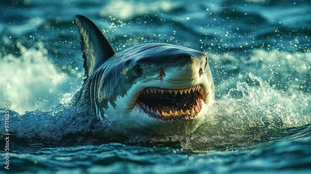 Jaws. A large, ferocious shark emerges powerfully from tumultuous ocean ...