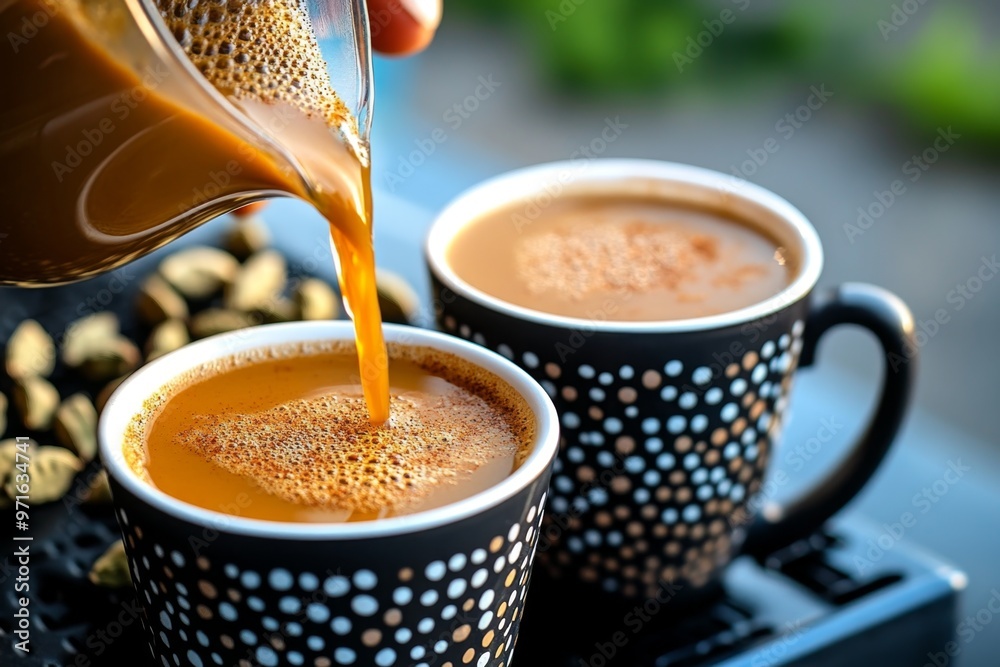 A tea stall on the streets of India, with a chaiwala pouring spiced ...