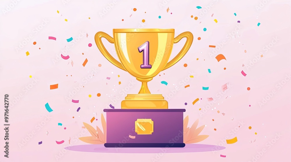 Golden award trophy on a winning podium with a number 1 medal and ...