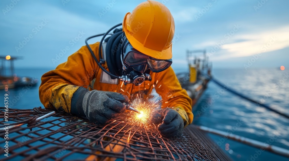 Deep-sea construction repair, diver ensuring safe welding. Stock Photo ...