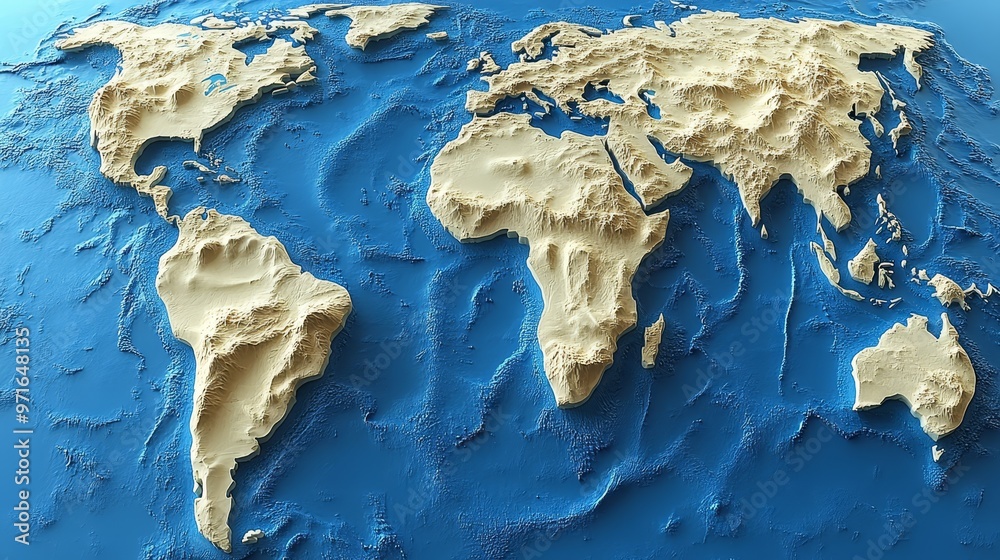 Detailed topographic map of the world featuring realistic 3D landforms ...
