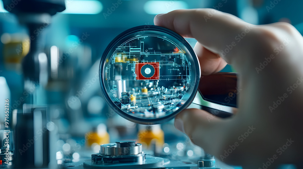 Magnifying Glass Focused on Tiny Defect in Manufactured Component for ...