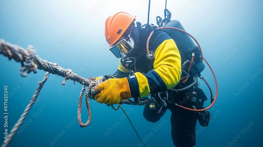 Subsea welding scene, diver repairing critical structures Stock Photo ...