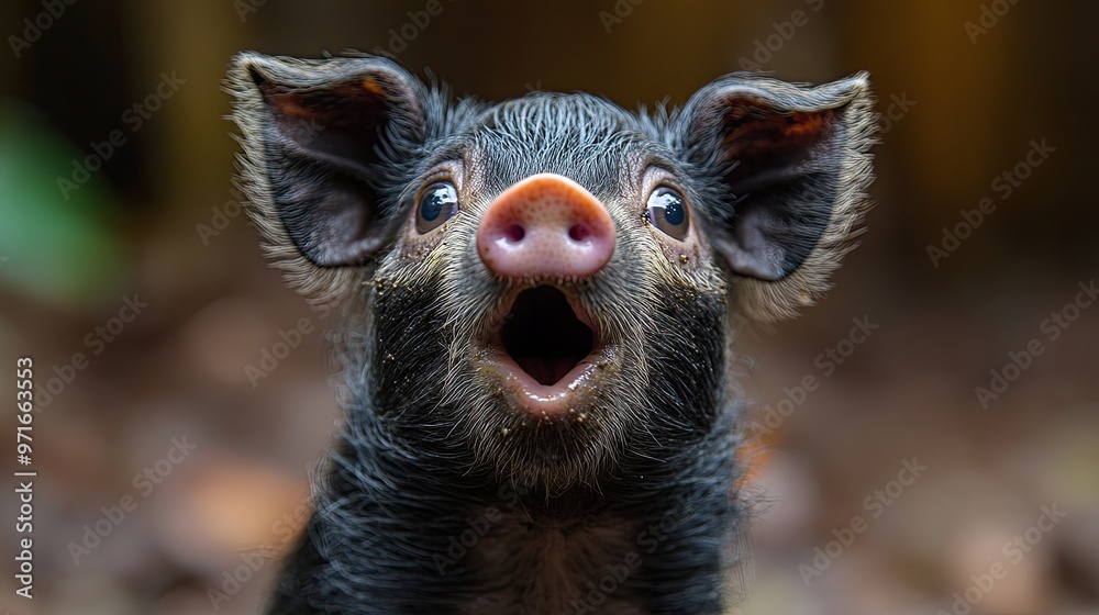 An adorable piglet with wide eyes and an open mouth, expressing ...