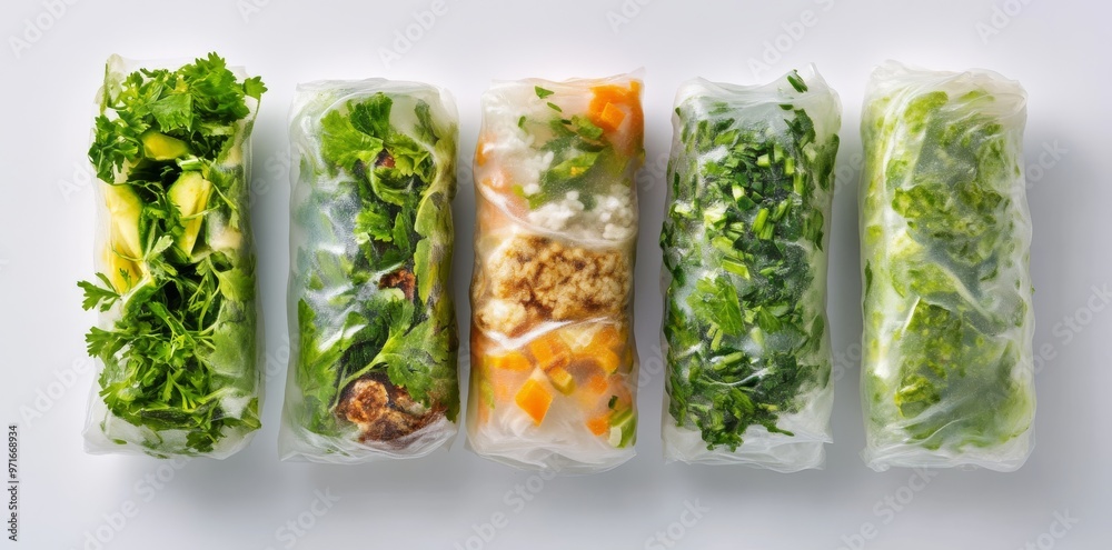 Four vegetables stuffed spring rolls are displayed in this image, each ...