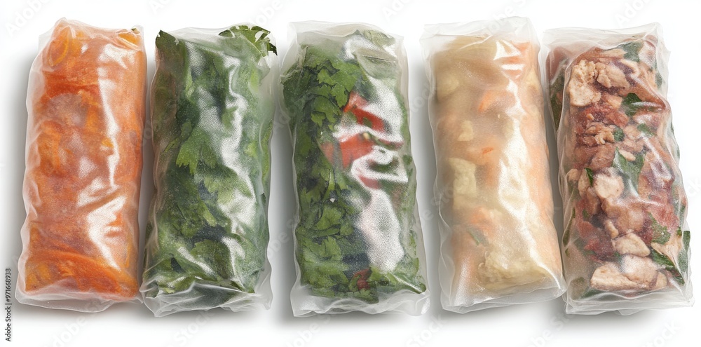 There are four spring rolls in this image with vegetables as the ...