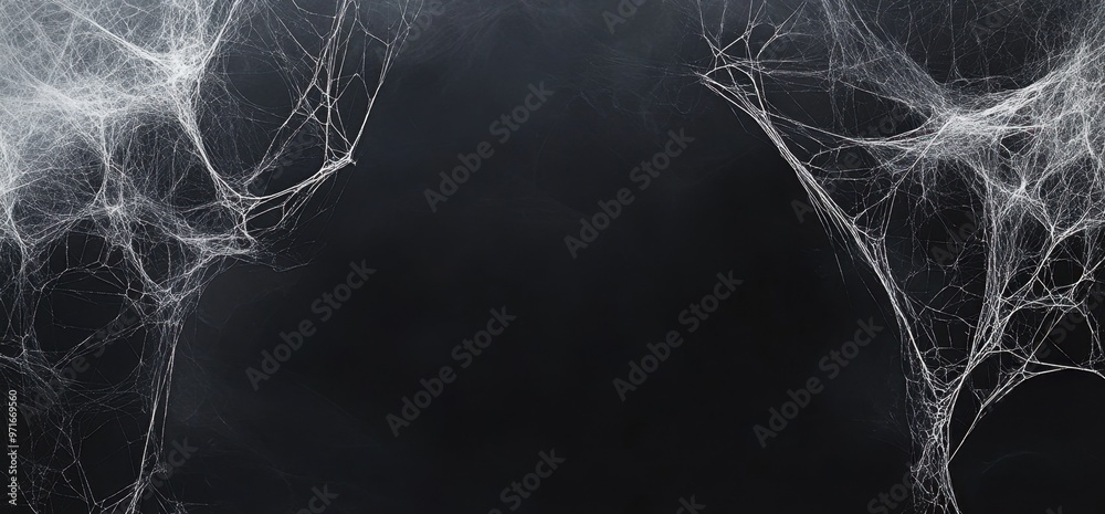 Black background with white spider webs, hanging from the left and ...