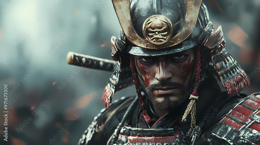 Portrait of a samurai in his battle suit, close up shot of a warrior ...
