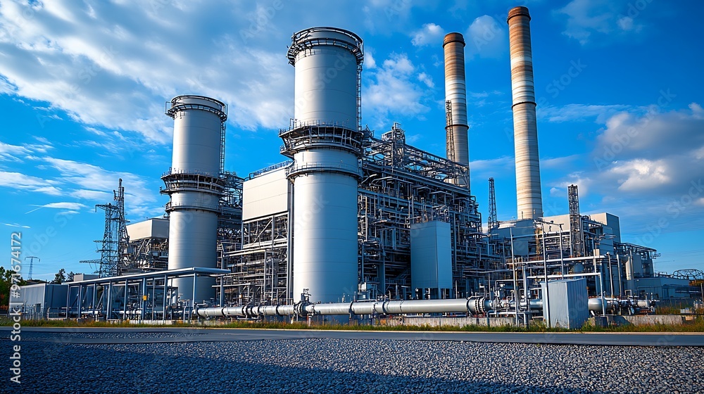Gas-fired power plant with gas turbines, large exhaust stacks, and a ...