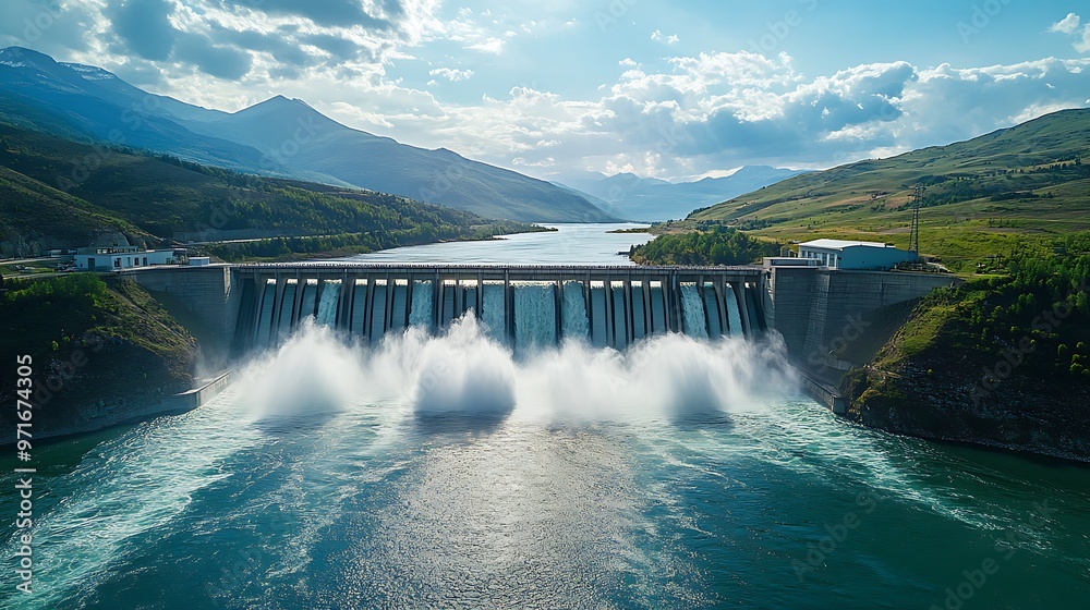 Hydroelectric power plant showing a large dam, water rushing through ...