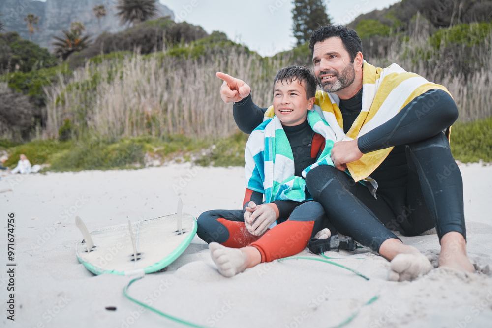 View, dad and child surfer on beach for pointing, sports or exercise on ...