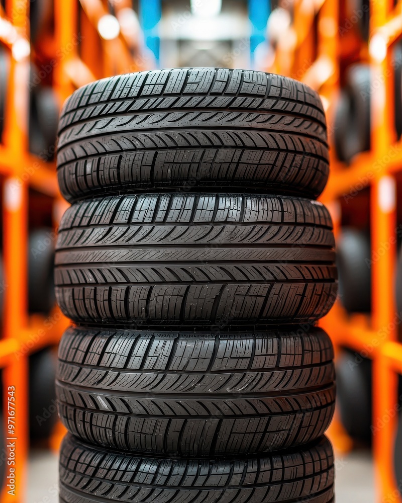 A stack of four high-quality tires in a modern warehouse, showcasing ...