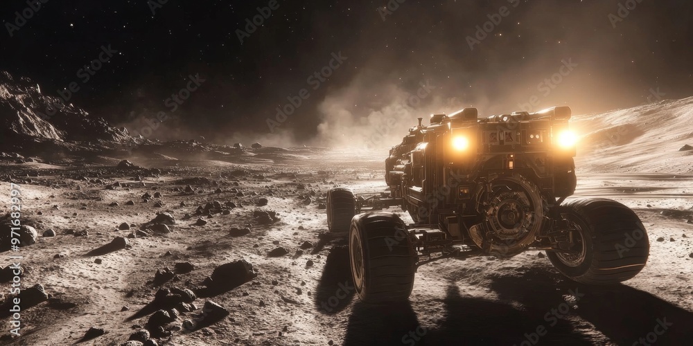 Lunar rover explores a vast moon crater with dust particles illuminated ...