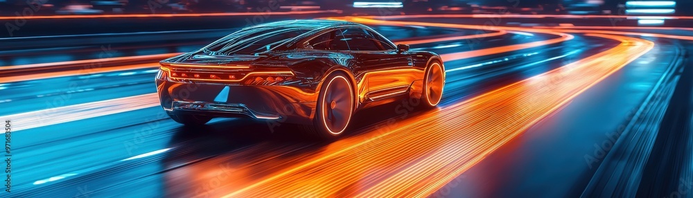 An AI-powered self-driving car on a futuristic highway, with glowing paths indicating its route ...