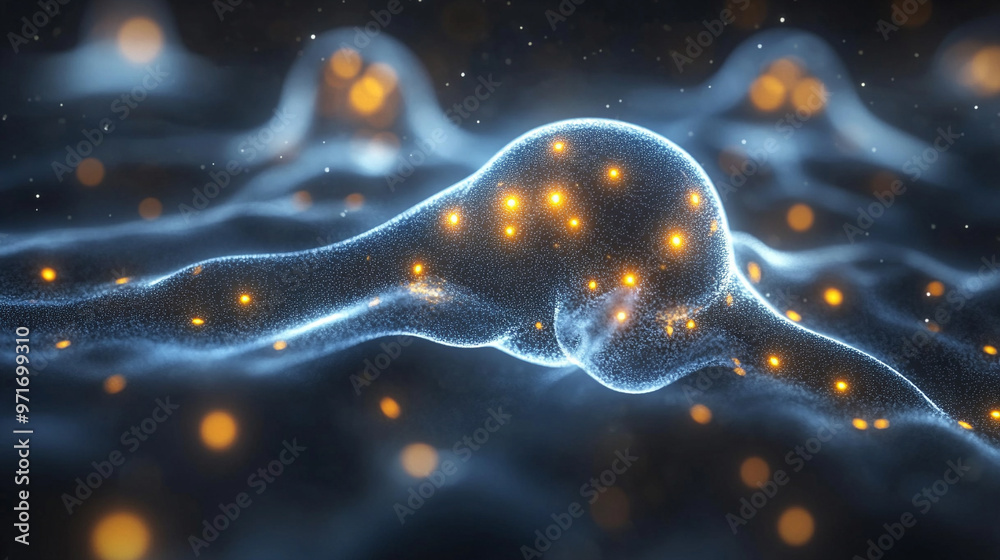 nerve cell synaptic cleft, showcasing glowing neurotransmitters at the ...
