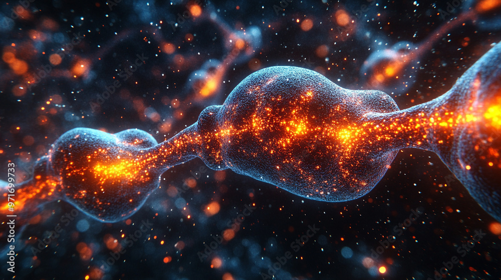 nerve cell synaptic cleft, showcasing glowing neurotransmitters at the ...