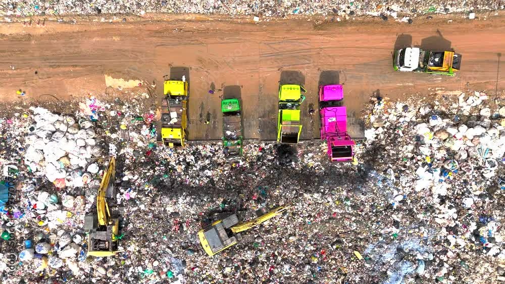 Aerial top view of A Huge Waste, garbage, dump, rubbish landfill. A ...