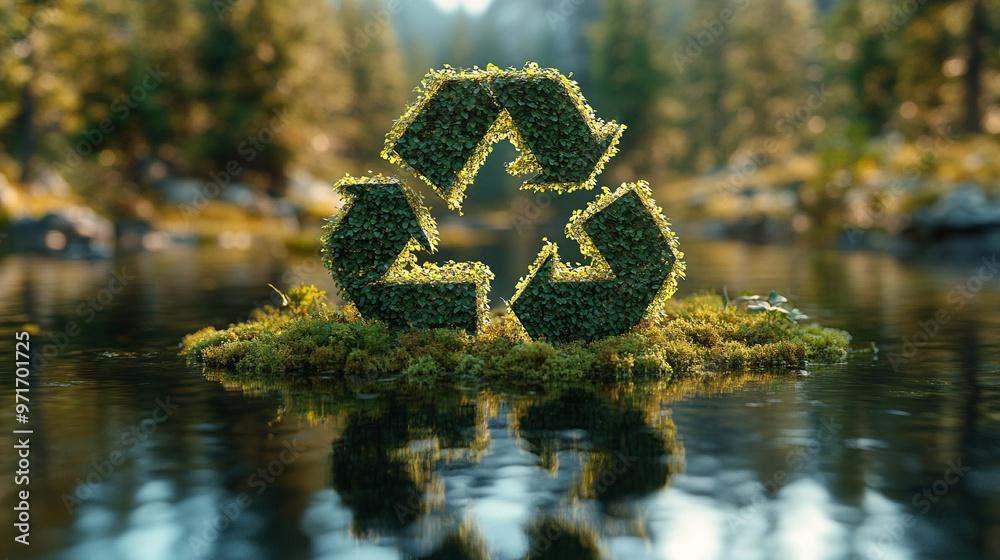lake shaped like a recycling symbol, symbolizing environmental ...