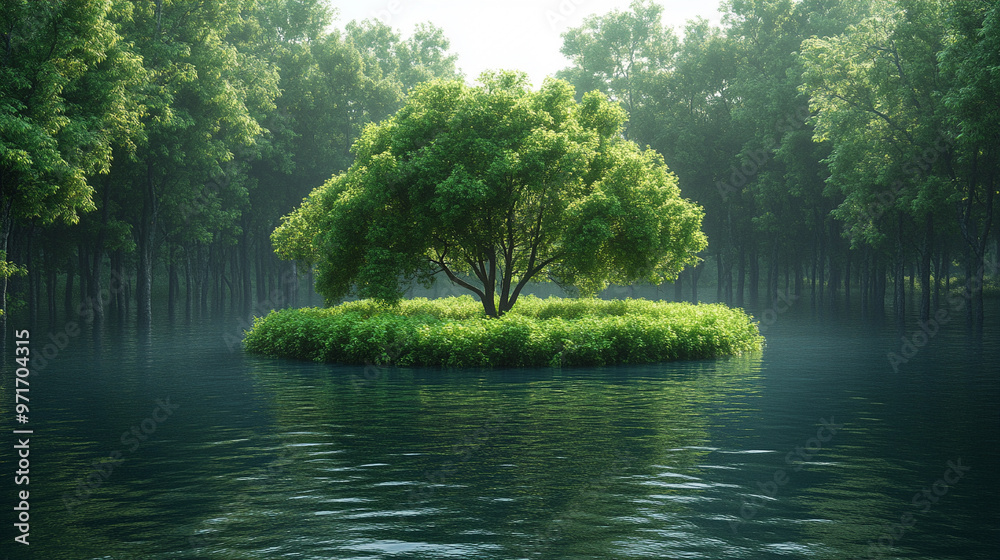 lake shaped like a recycling symbol, symbolizing environmental ...