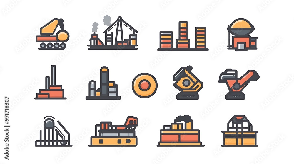 Heavy industry icon set with symbols for shipping, mining, and ...