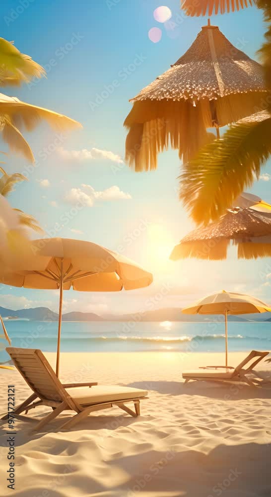 Vertical beach scene with a sun umbrella golden sand and sparkling ...