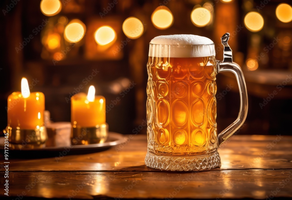 frothy beer stein overflowing foam sits atop rustic wooden showcasing ...