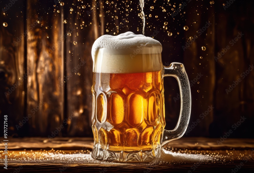frothy beer mug resting rustic aged timber showcasing rich texture wood ...