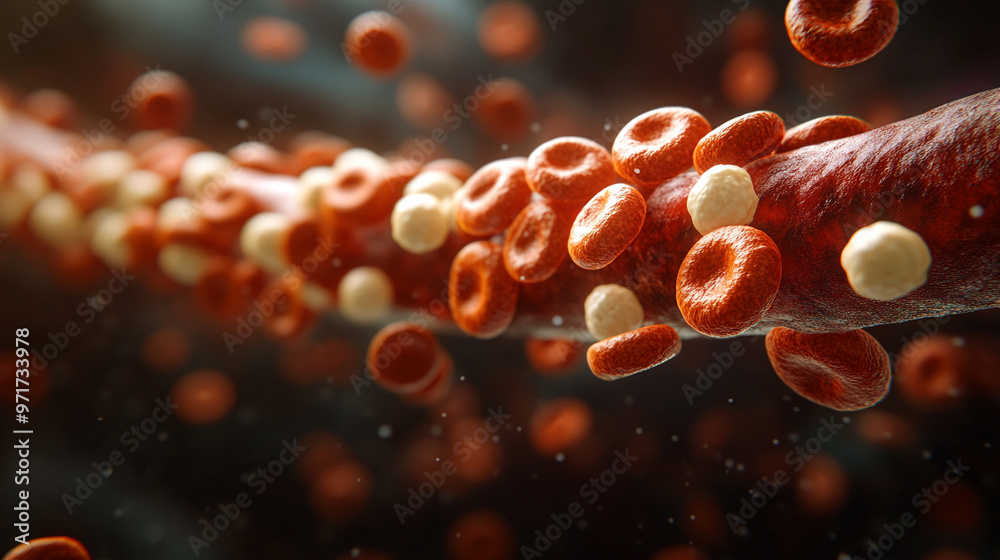 red and white blood cells flowing through a blood vessel. This medical ...