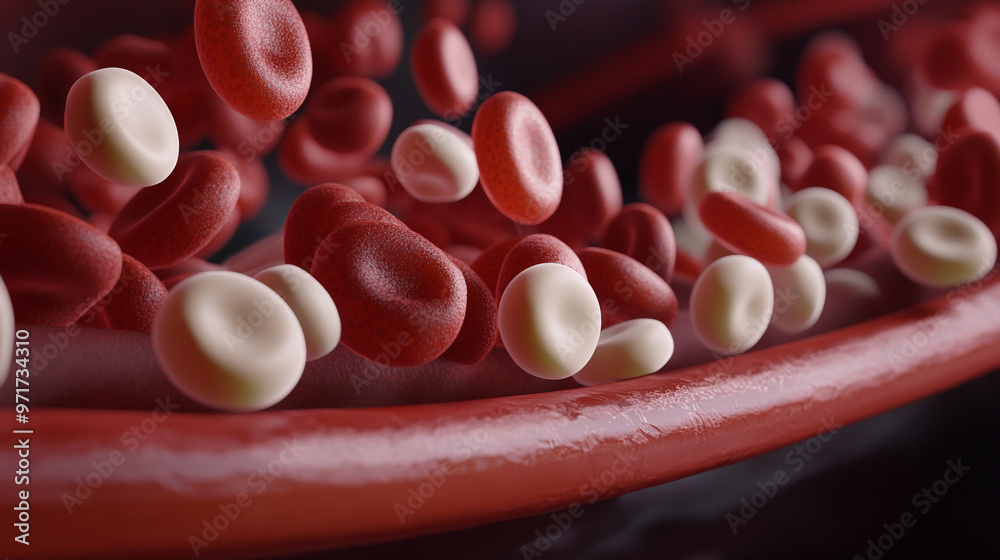 red and white blood cells flowing through a blood vessel. This medical ...