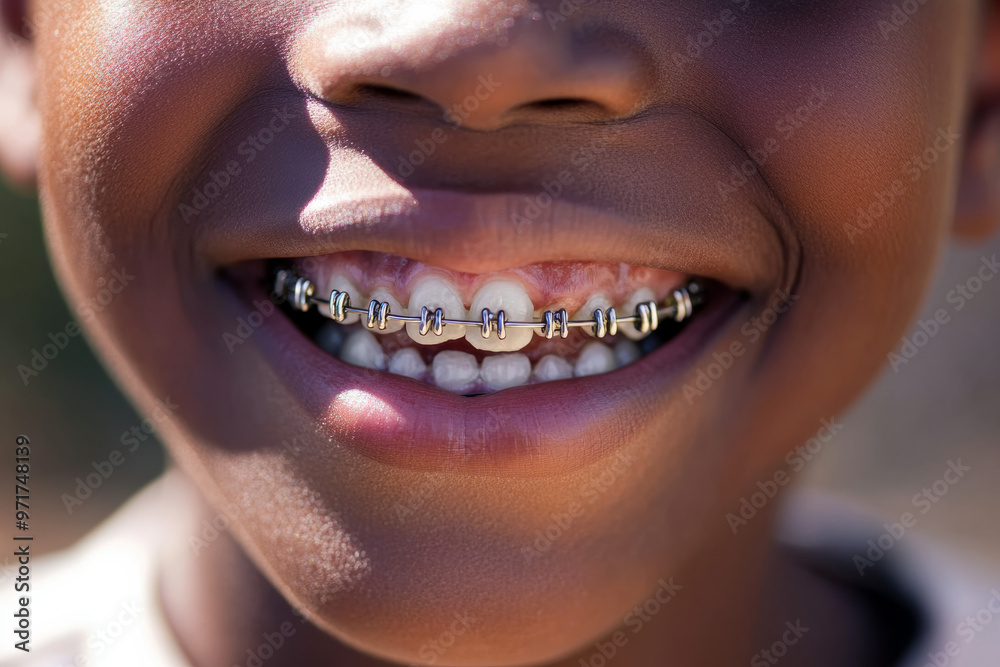 An image of a close-up of an afro american child smiling, showing braces on teeth. The bright ...