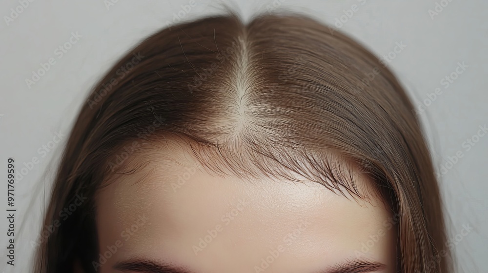 Hair loss, hair transplant, alopecia. Close-up shot of a young woman ...