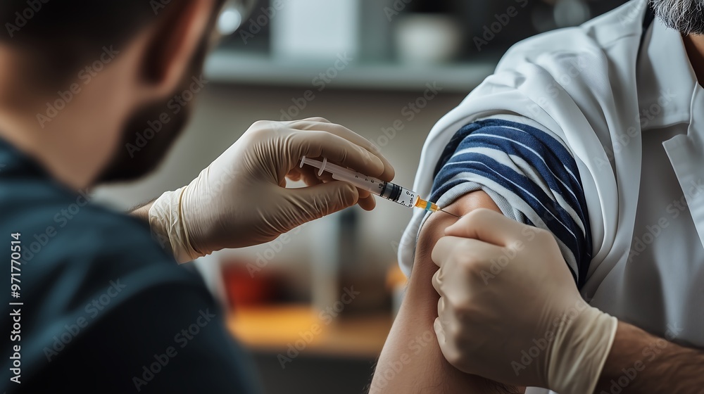Doctor administering vaccine injection into patient’s arm during ...